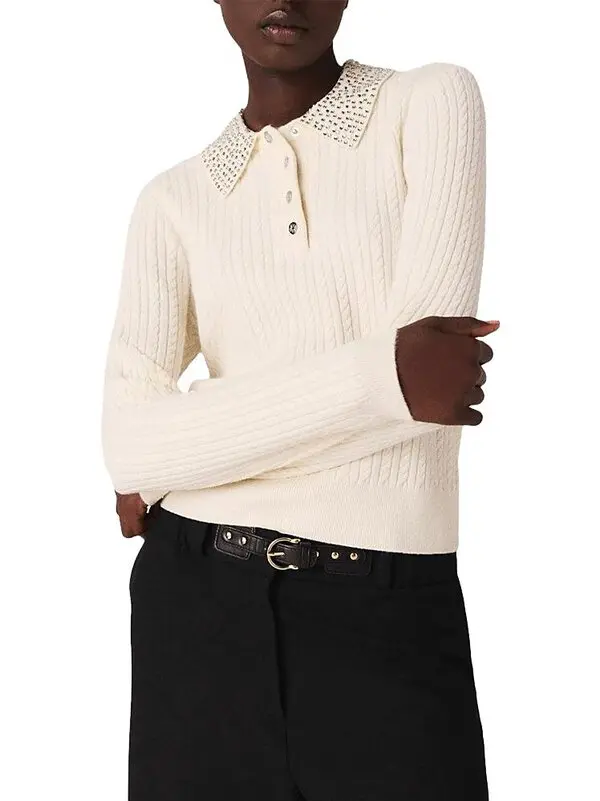 Maje Rhinestone Collar Polo Shirt - Ecru