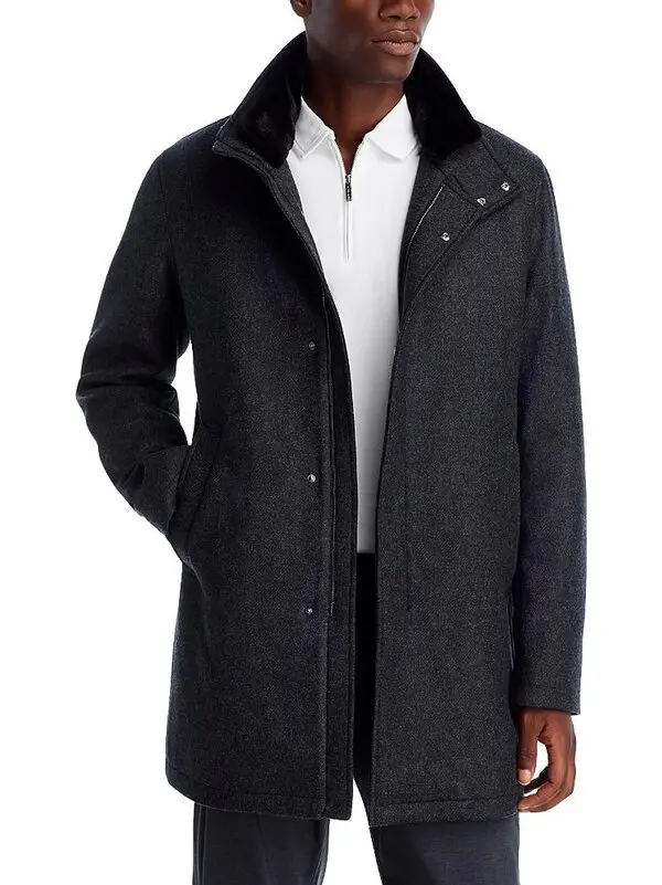 Herno Wool & Nylon Overcoat With Faux Fur Collar - Charcoal