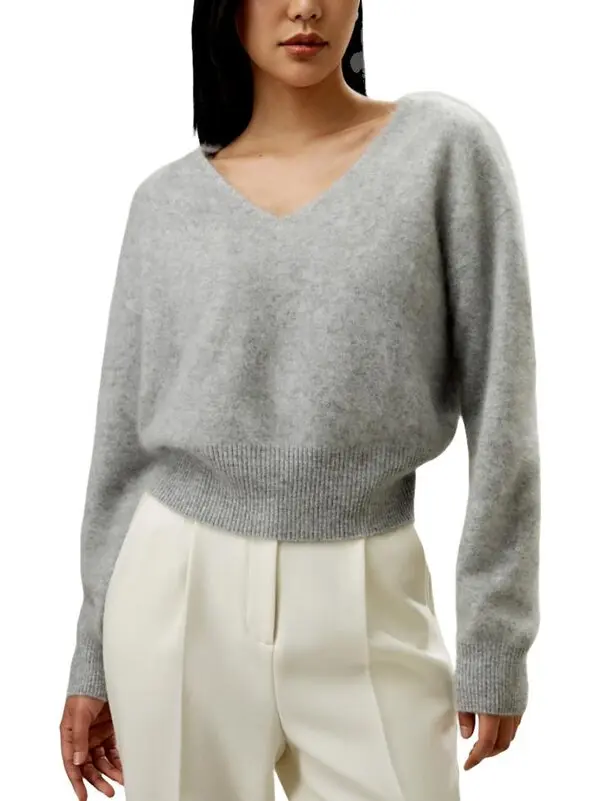 Lilysilk Brushed V-neck Cashmere Sweater - Light Gray