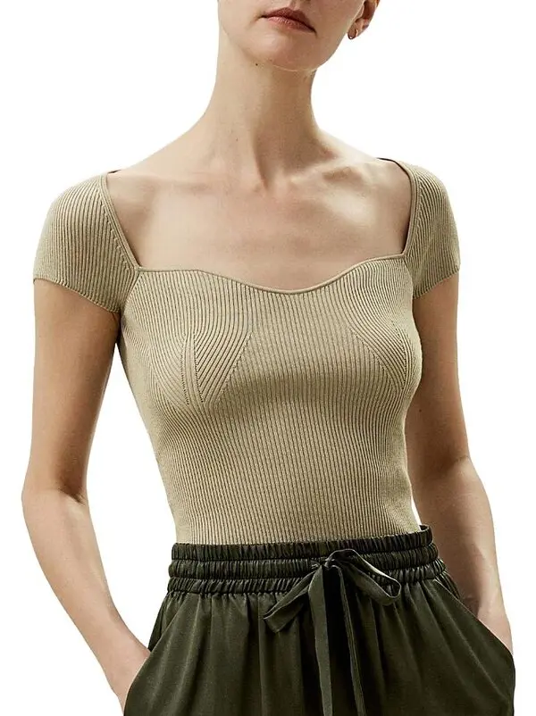 Lilysilk Sweetheart Neck Ribbed Silk Knit Top - Light Apricot
