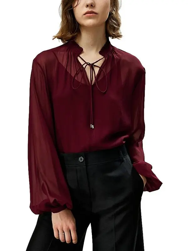 Lilysilk Tie Front Drawstring Georgette Blouse - Oxblood