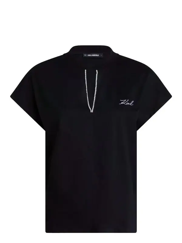 Karl Lagerfeld Embellished Keyhole-neck T-shirt - Black