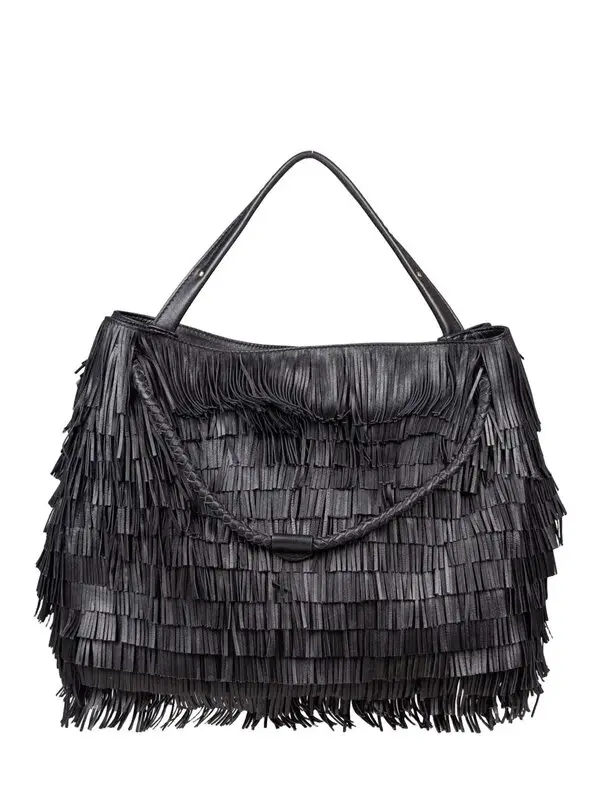 VISONA` Leather Shopper With Fringe - Black