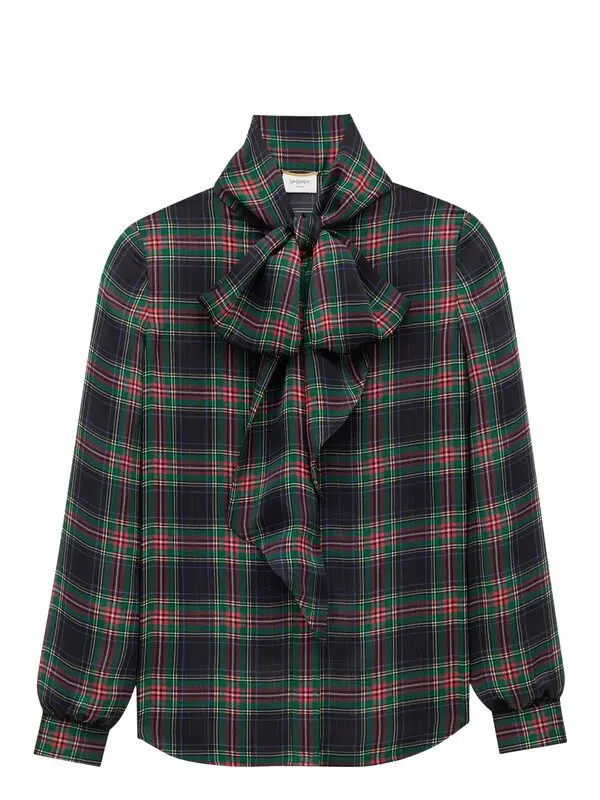 Saint Laurent Lavallière Blouse In Tartan Silk Charmeuse - Black