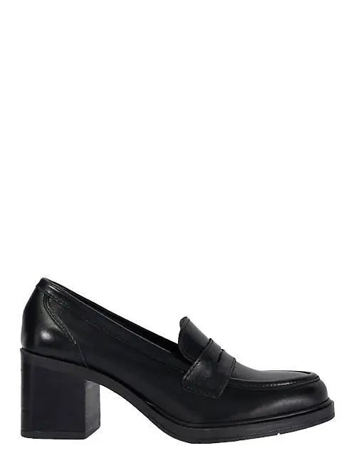DUNE Leather Heeled Loafers - Black Plain Leather