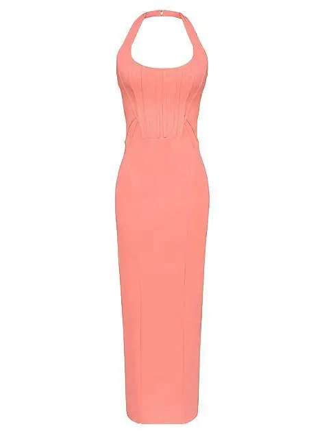 House Of Cb Lusilla Halterneck Stretch-mesh Midi Dress - Coral