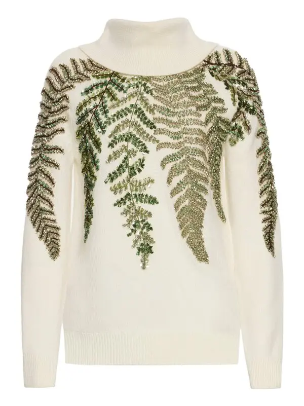 Oscar De La Renta Fern Crystal Embroidered Turtleneck - White