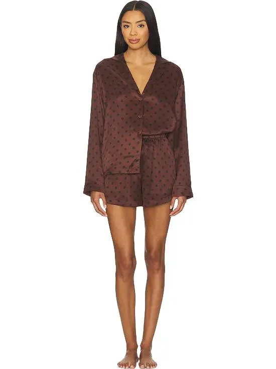 Lunya Washable Silk Button-up Short Set - Chocolate Ellipsis