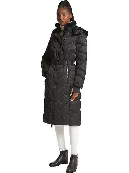 Michael Kors Faux Fur Trim Belted Puffer Coat - Black