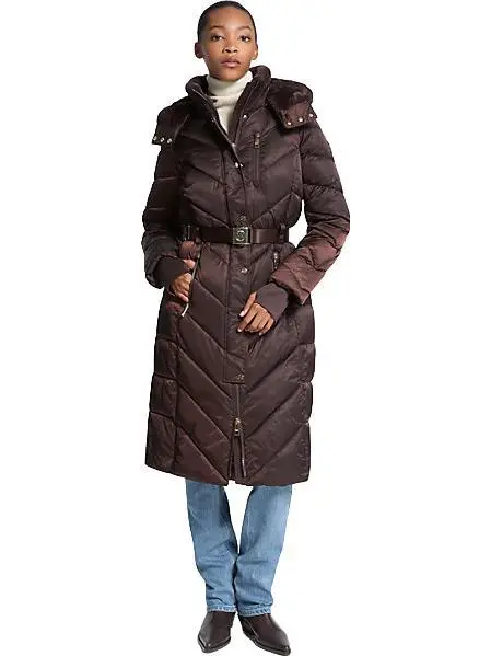 Michael Kors Faux Fur Trim Belted Puffer Coat - Brown