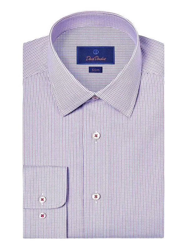 David Donahue Slim Fit Textured Micro Dobby Dress Shirt - Blue/ Berry