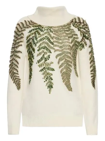 Oscar De La Renta Fern Crystal Embroidered Turtleneck - Red