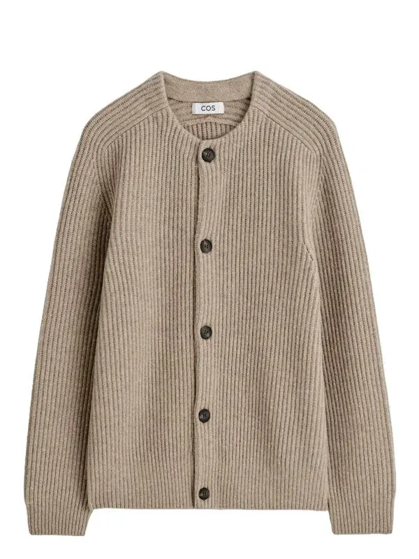 Cos Ribbed Wool Crew-neck Cardigan - Beige