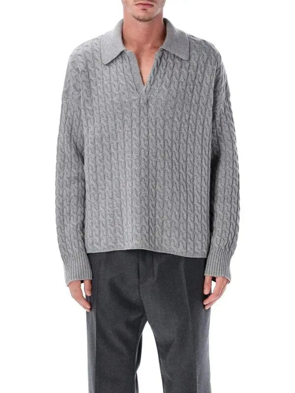 Ami Cable Knit Polo Sweater - Grey