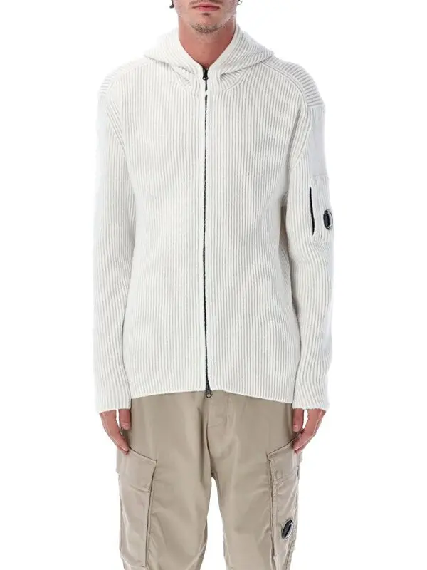 C.P. COMPANY Ribbed Knit Hooded Cardigan - White Melange