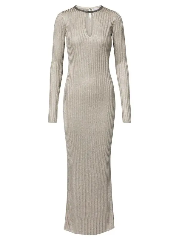Brunello Cucinelli Monili Ribbed-knit Lamé Maxi Dress - Beige