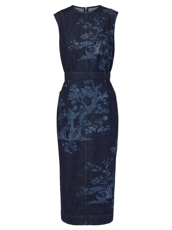 Erdem Printed Cotton Denim Pencil Dress - Blue