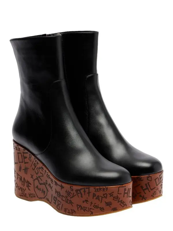 Chloé Maxime Leather Wedge Ankle Boots - Black