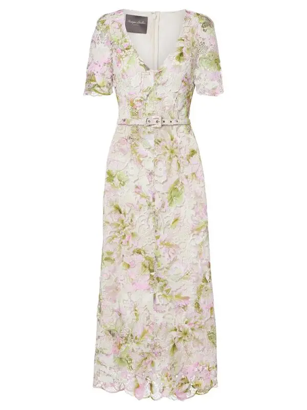 Monique Lhuillier Belted Lace Midi Dress - Multicoloured