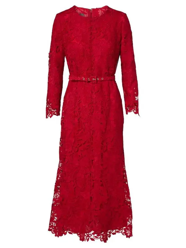 Monique Lhuillier Belted Lace Midi Dress - Red