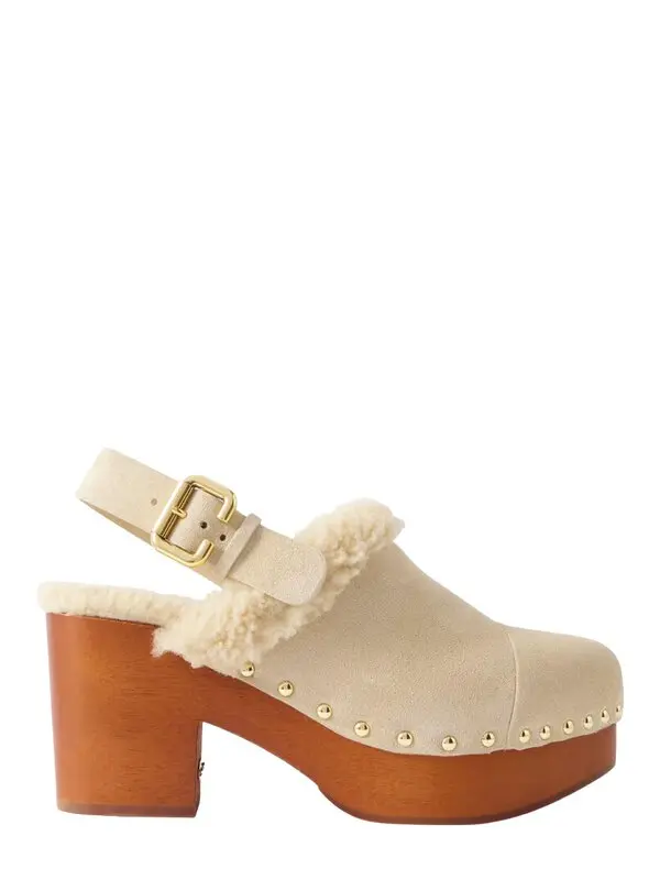 Chloé Jeanette Shearling-trimmed Suede Slingback Platform Clogs - Gray