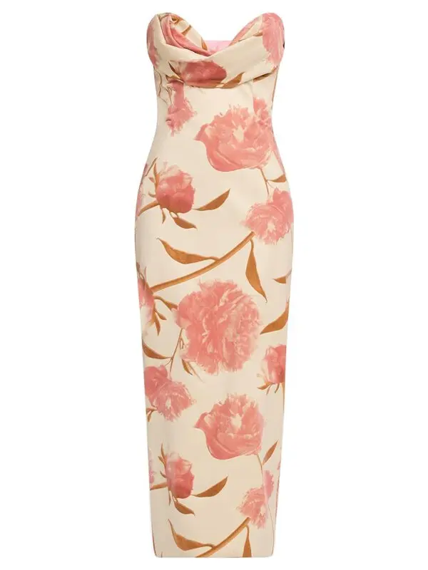 Lela Rose Draped Strapless Floral Sheath Midi Dress - Pink Multi