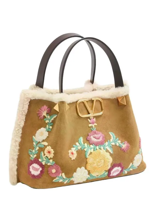 Valentino Garavani Small Embroidered-flowers Suede Tote Bag - Neutrals
