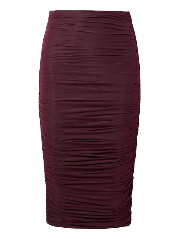 MAYGEL CORONEL Dasos Ruched Stretch-mesh Midi Skirt - Burgundy