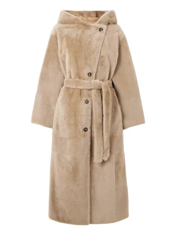 YVES SALOMON Hooded Belted Shearling Coat - Neutrals
