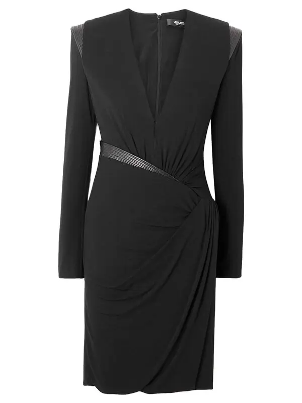 Versace Wrap-effect Leather-trimmed Stretch-jersey Dress - Black