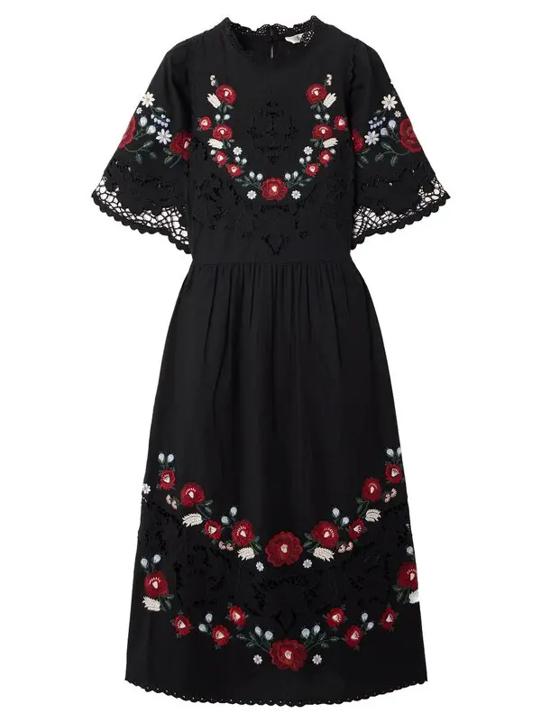 Sea Rosaline Embroidered Cotton And Linen-blend Midi Dress - Black