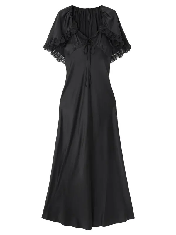 Chloé Cape-effect Lace-trimmed Silk-satin Gown - Black