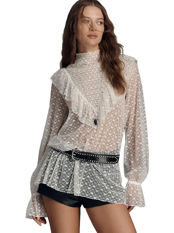 Maeve Long-sleeve Sheer Mesh Tunic Top - Eggnog