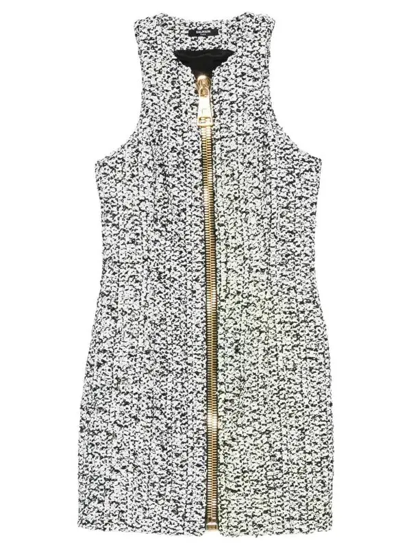 Balmain Zip-front Tweed Mini Dress - White