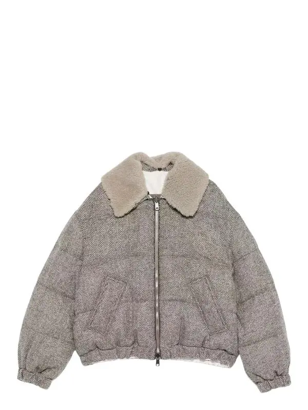 Brunello Cucinelli Herringbone-pattern Jacket With Shearling Collar - Grey