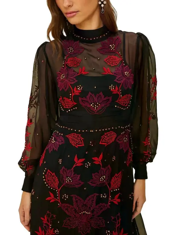 Farm Rio Embroidered Embellished Dress - Black