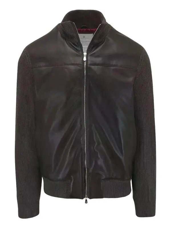 Brunello Cucinelli Leather-paneled Ribbed-knit Jacket - Brown