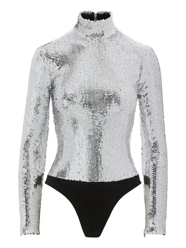 Brandon Maxwell Sequin Embellished Mock-neck Bodysuit - Silver