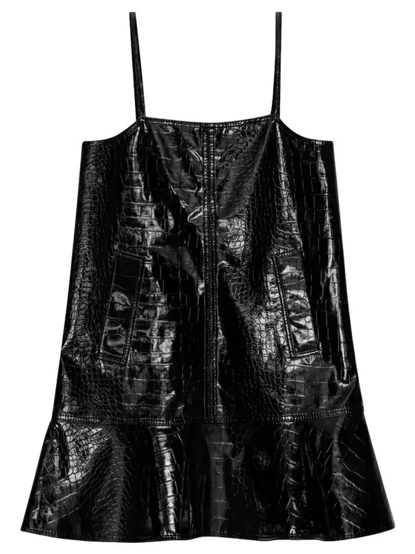 GANNI Crocodile-effect Flared Mini Dress - Black