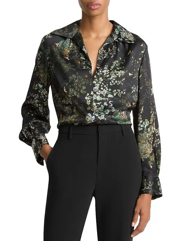 Vince Placed Smocked Silk Blouse - Black Sky