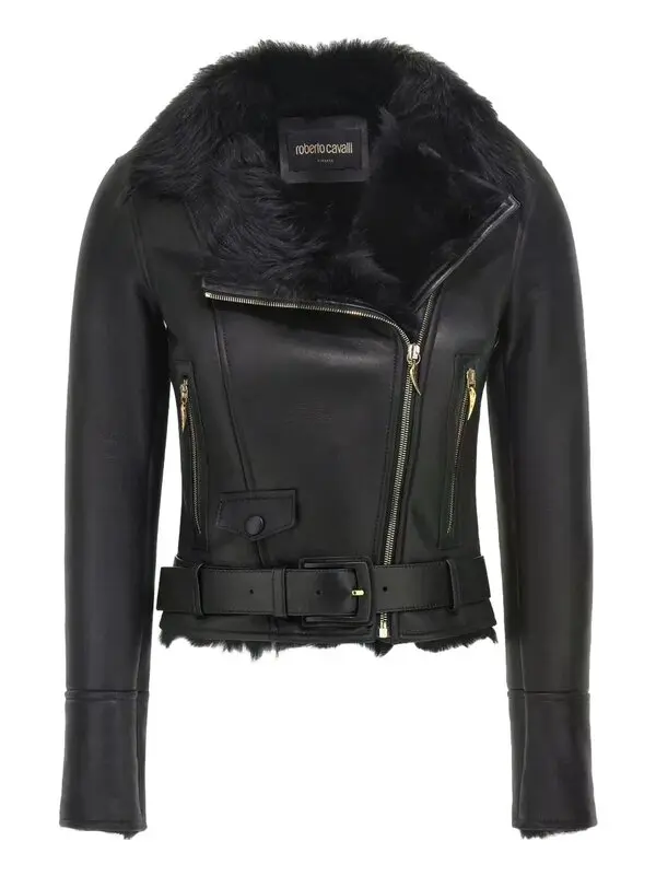 Roberto Cavalli Leather Jacket With Shearling Collar - Black