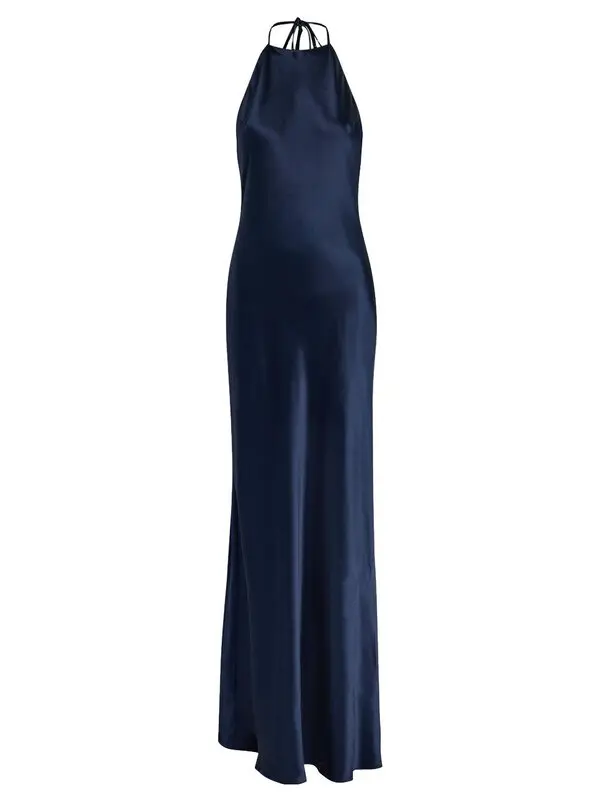 REFORMATION Jeany Halterneck Silk Gown - Navy