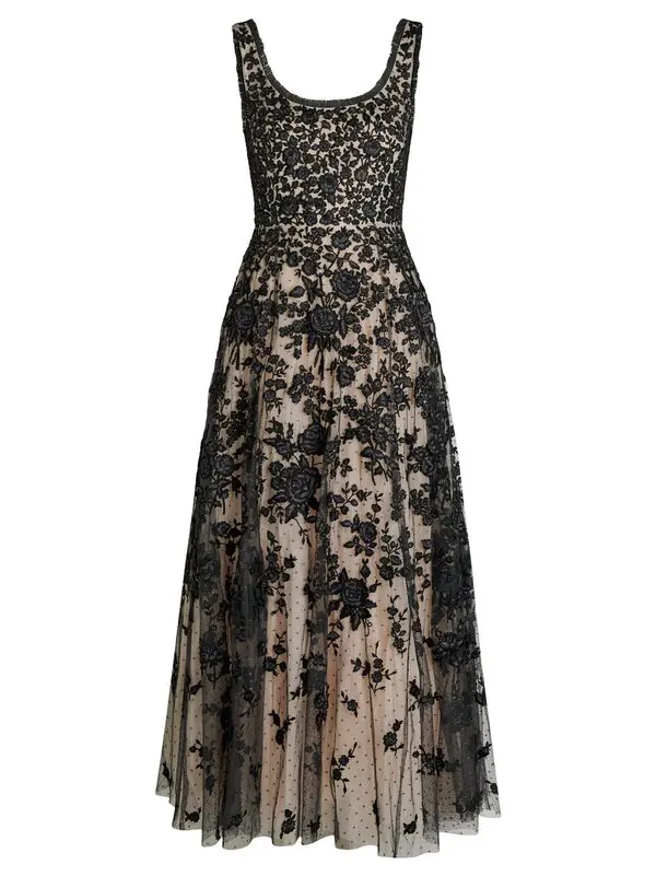 NEEDLE & THREAD Rosa Floral-embroidered Tulle Gown - Black
