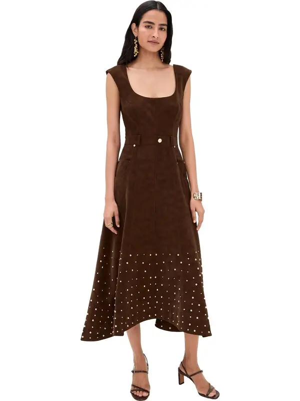 AMUR Kenny Faux Suede Studded Midi Dress - Toffee Swirl