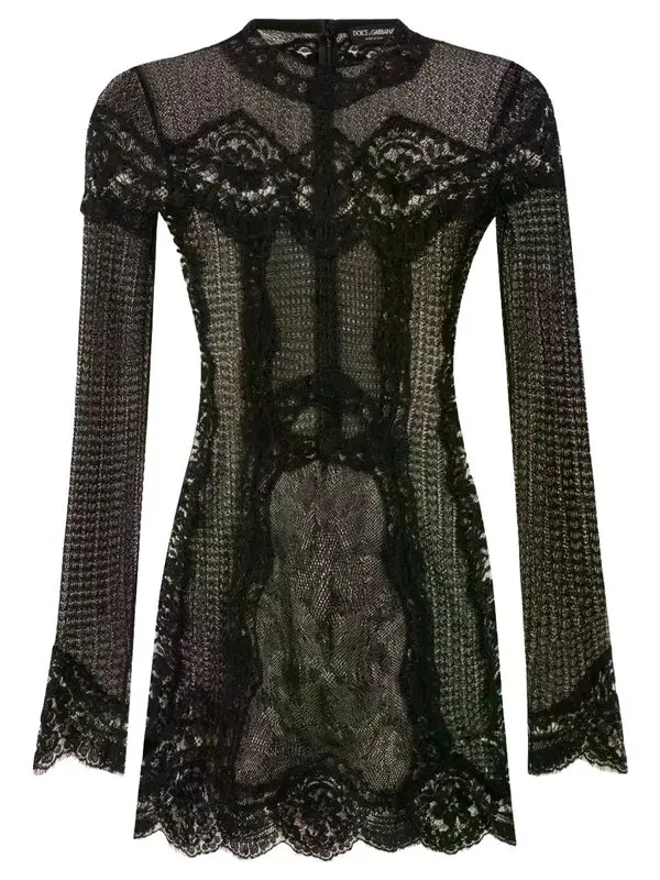 Dolce & Gabbana Lace-panel Long-sleeve Mini Dress - Black
