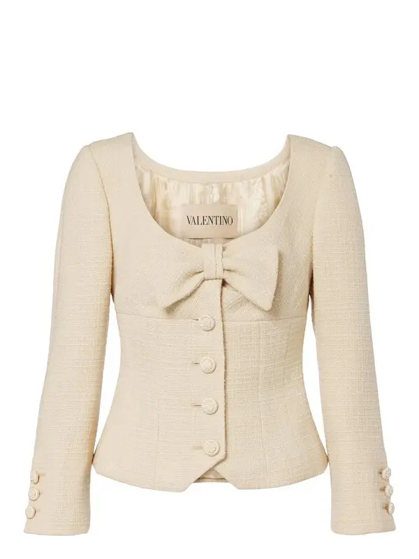 Valentino Garavani Bow-detail Cropped Wool-blend Tweed Jacket - Beige