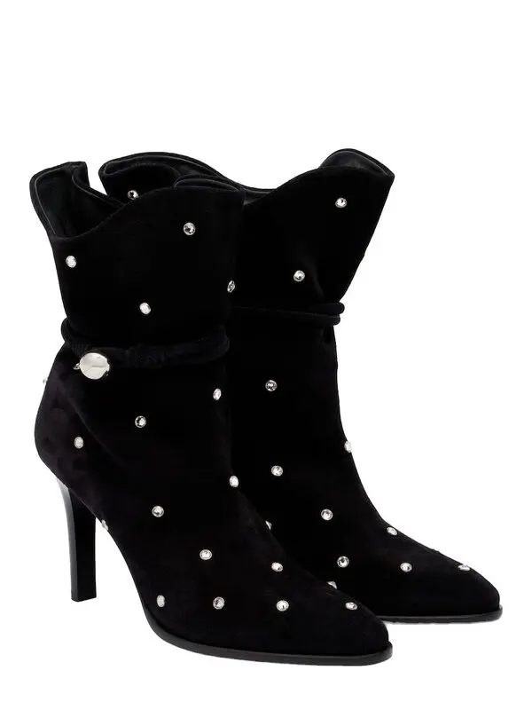 Isabel Marant Lolya 90 Embellished Suede Ankle Boots - Black