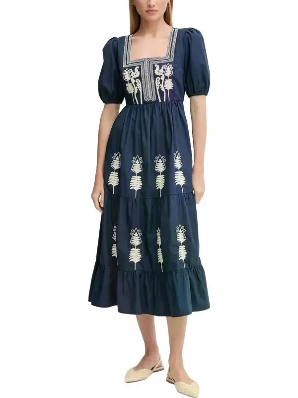 HOSS INTROPIA Embroidered Puff-sleeve Midi Dress - Blue