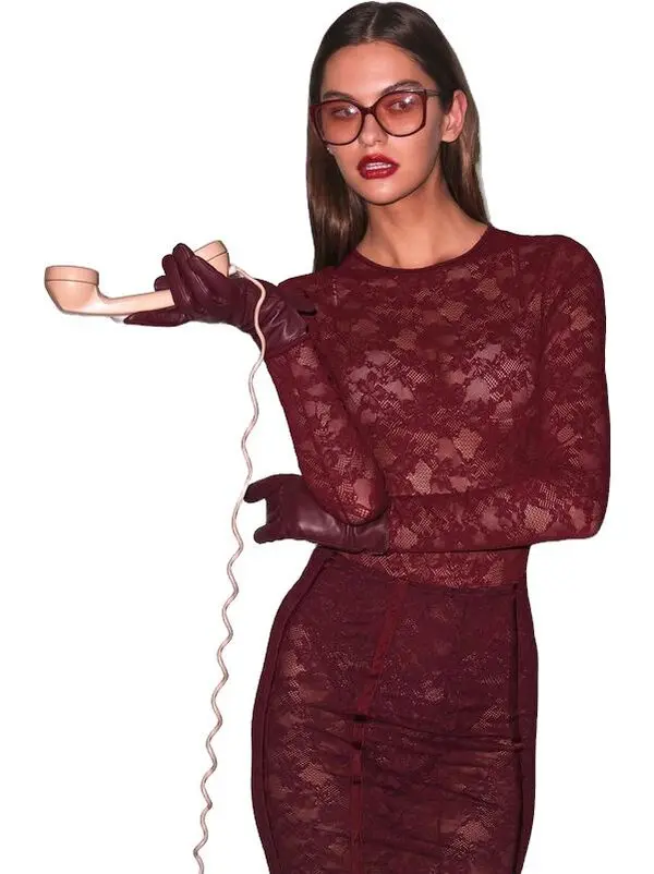 FLEUR DU MAL Le Stretch Lace Long Sleeve Bodysuit - Brown