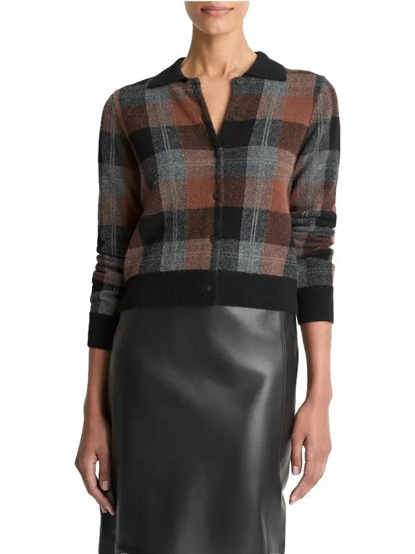 Vince Checked Plaid Cashmere Polo Cardigan - Black